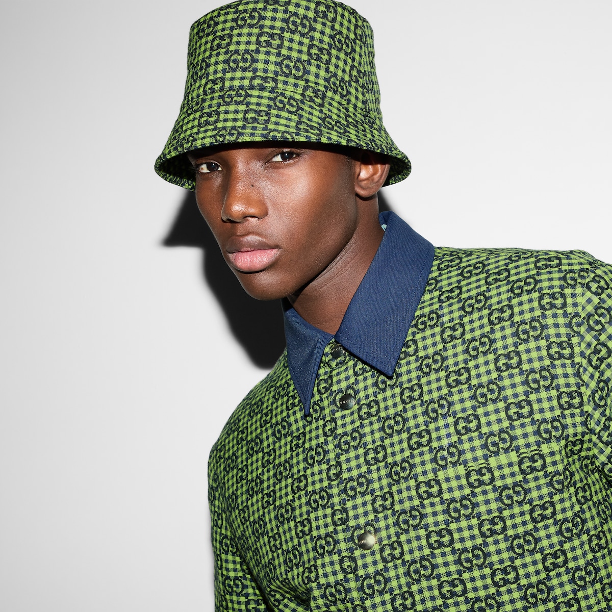 GG gingham cotton wool jacket in green and blue | GUCCI® CA