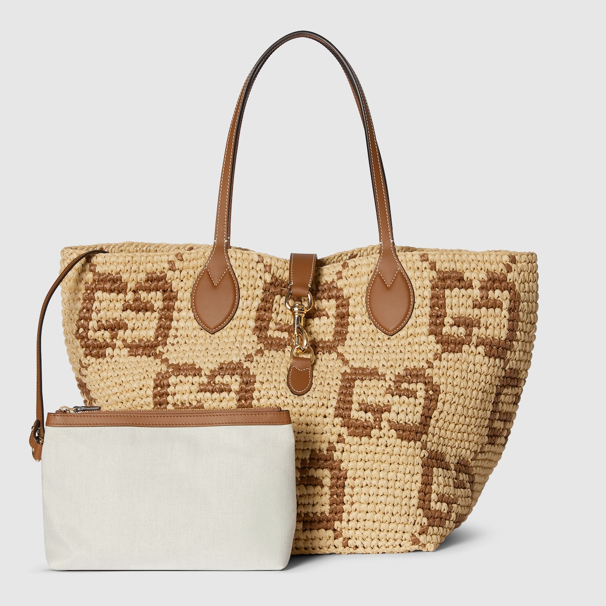 Woven medium tote bag in natural and brown fabric | GUCCI® SG