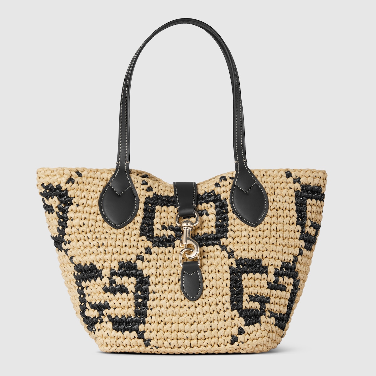 กระเป๋า Mini raffia-effect bucket bag inผ้าสีธรรมชาติและสีดำ | GUCCI® TH