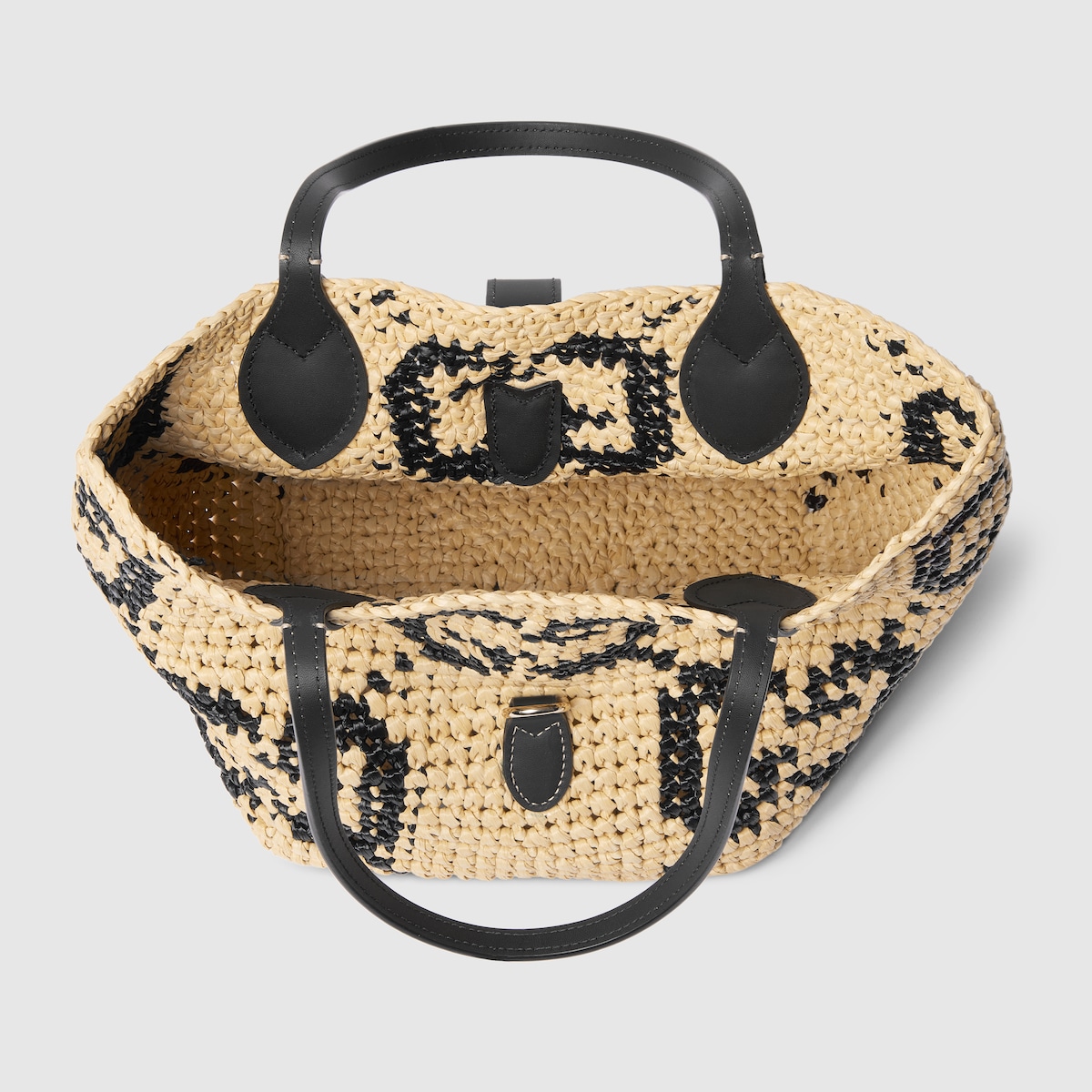 กระเป๋า Mini raffia-effect bucket bag inผ้าสีธรรมชาติและสีดำ | GUCCI® TH