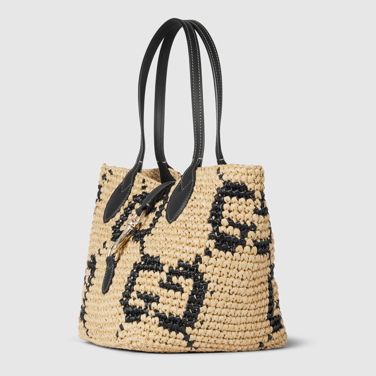 กระเป๋า Mini raffia-effect bucket bag inผ้าสีธรรมชาติและสีดำ | GUCCI® TH