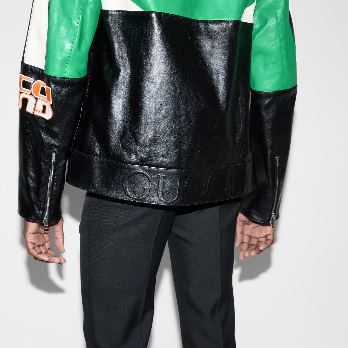 Embossed leather biker jacket in black and green | GUCCI® ZA