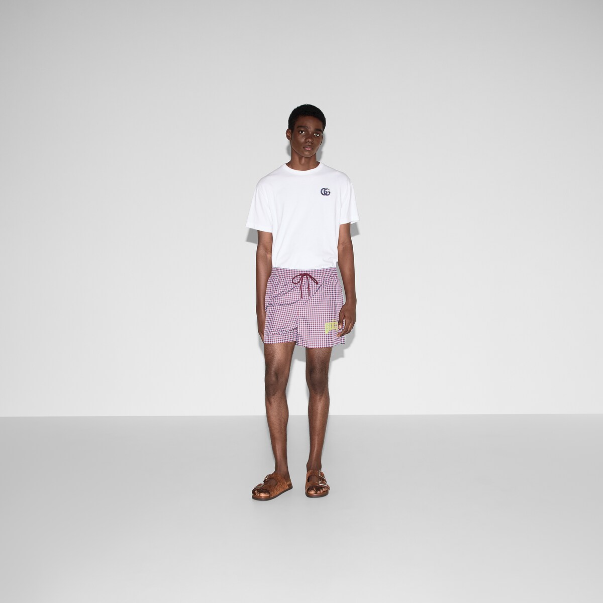 Printed poplin tech swim shorts in red and blue | GUCCI® US