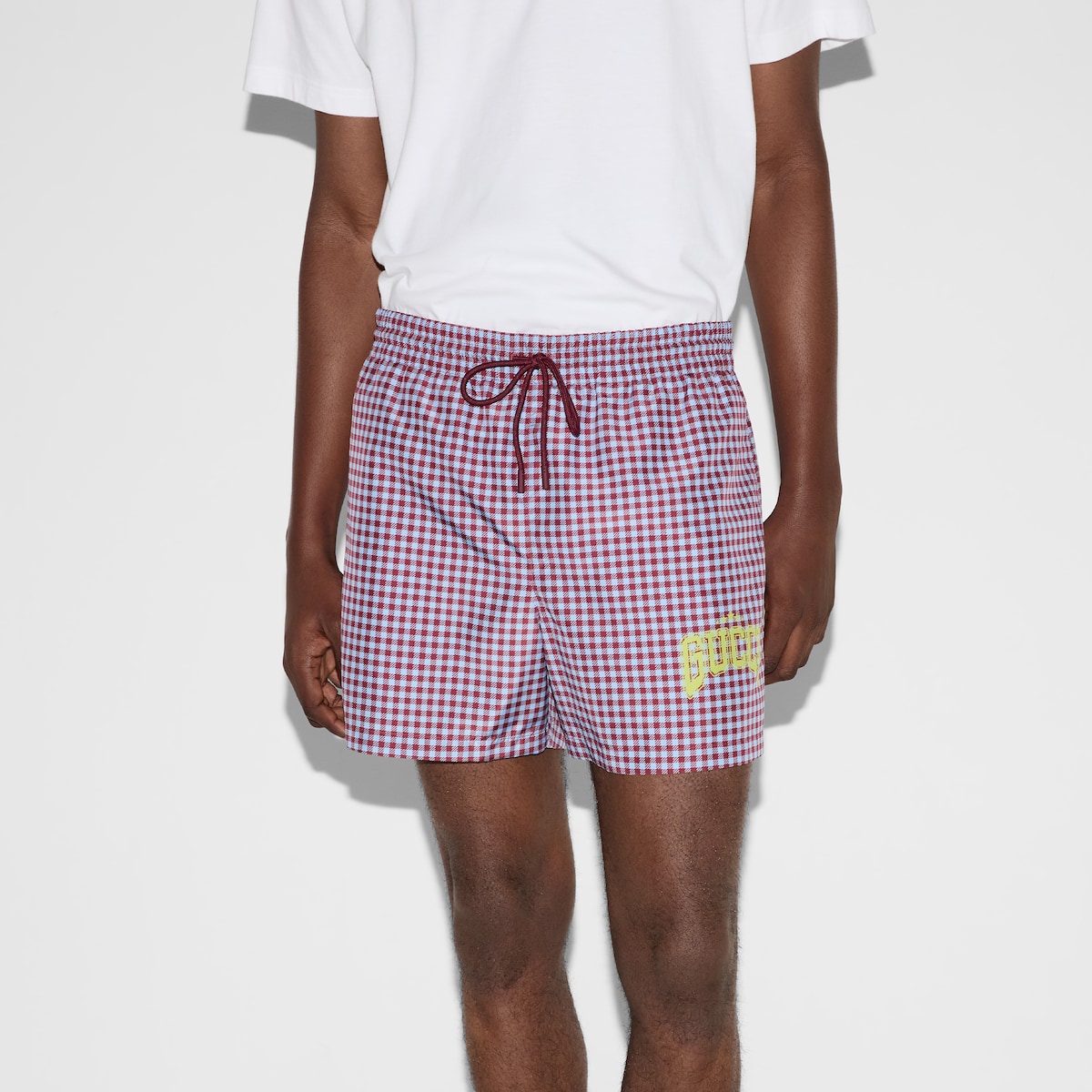 Printed poplin tech swim shorts in red and blue | GUCCI® US