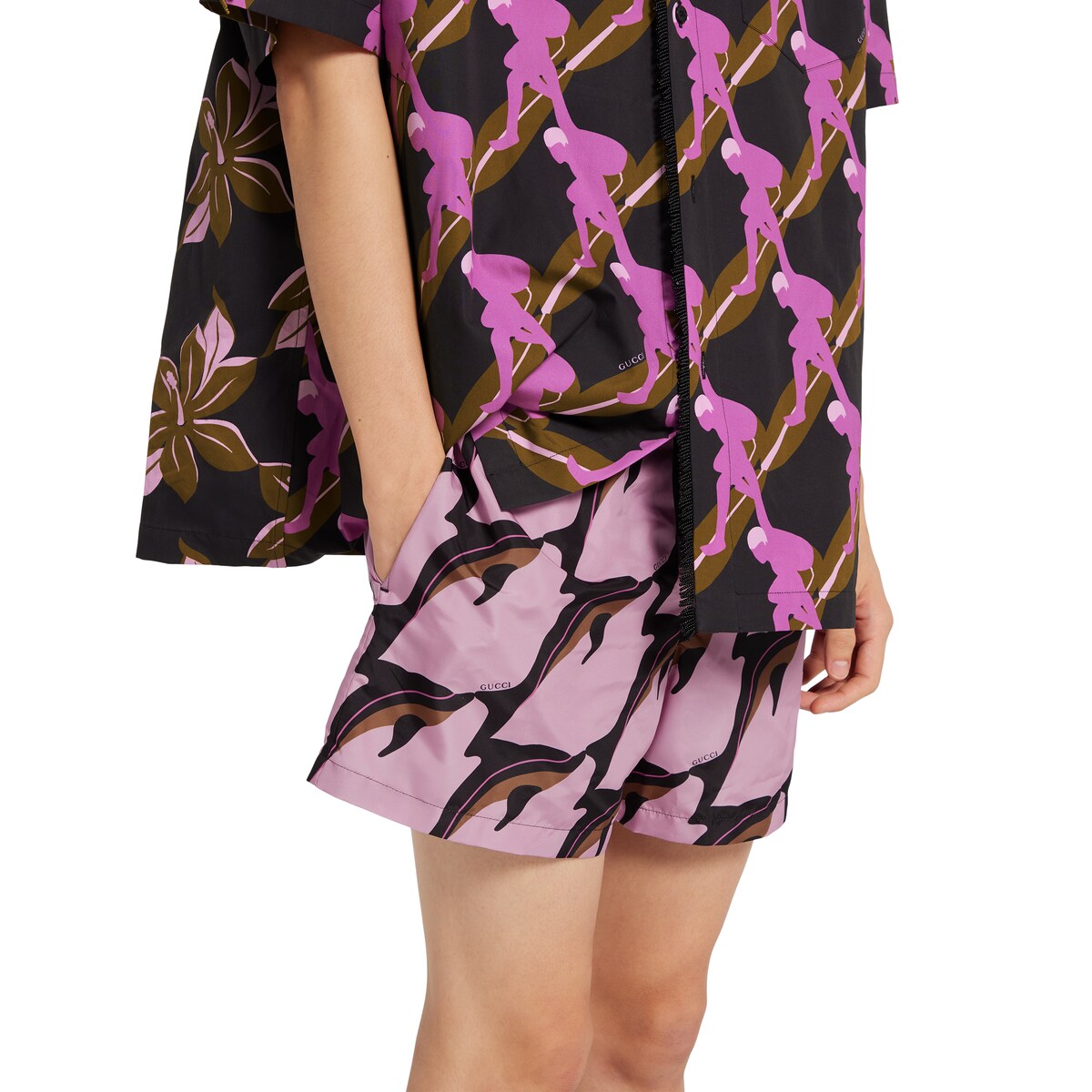 Printed technical poplin swim short in pink and dark brown | GUCCI® UK
