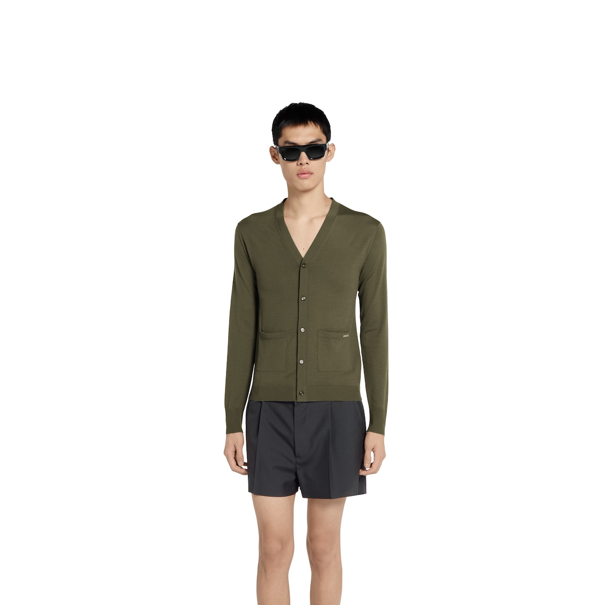Cardigan in maglia di lana fine con intarsio in verde bosco | GUCCI® Italia
