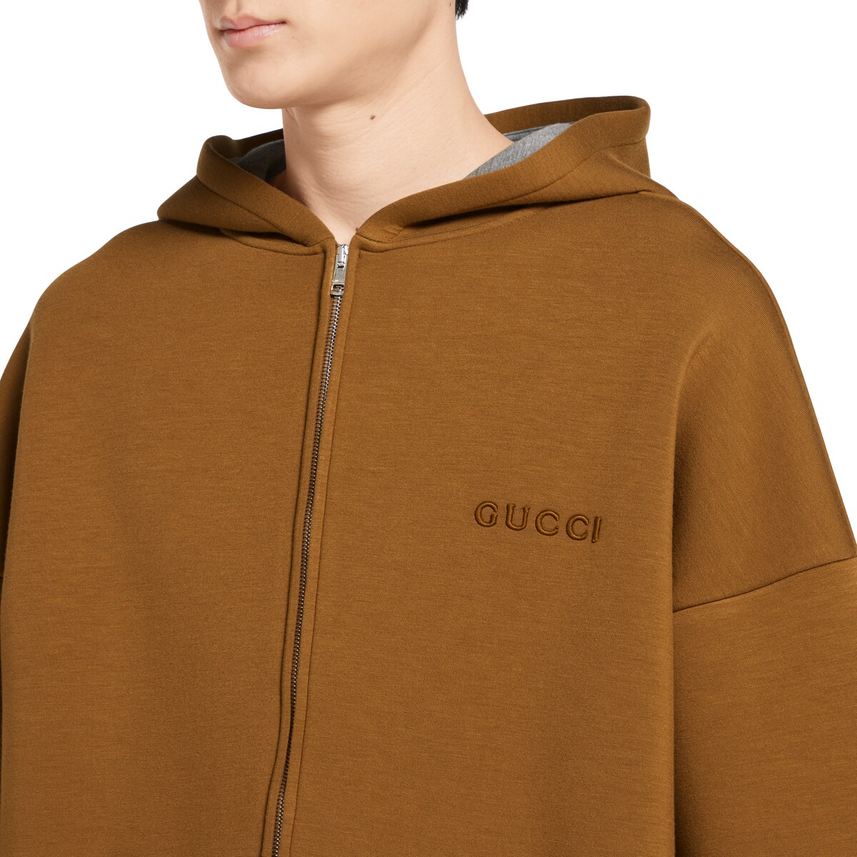 Embroidered hooded jersey sweatshirt in brown | GUCCI® UK