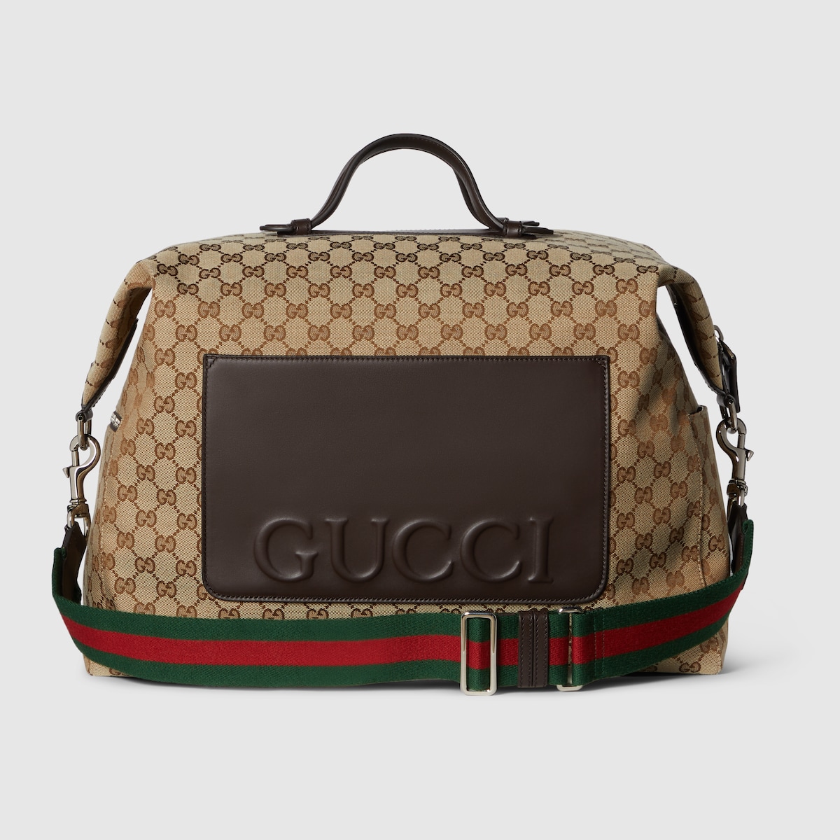 Medium GG duffle bag with Web in beige and dark brown canvas | GUCCI ...
