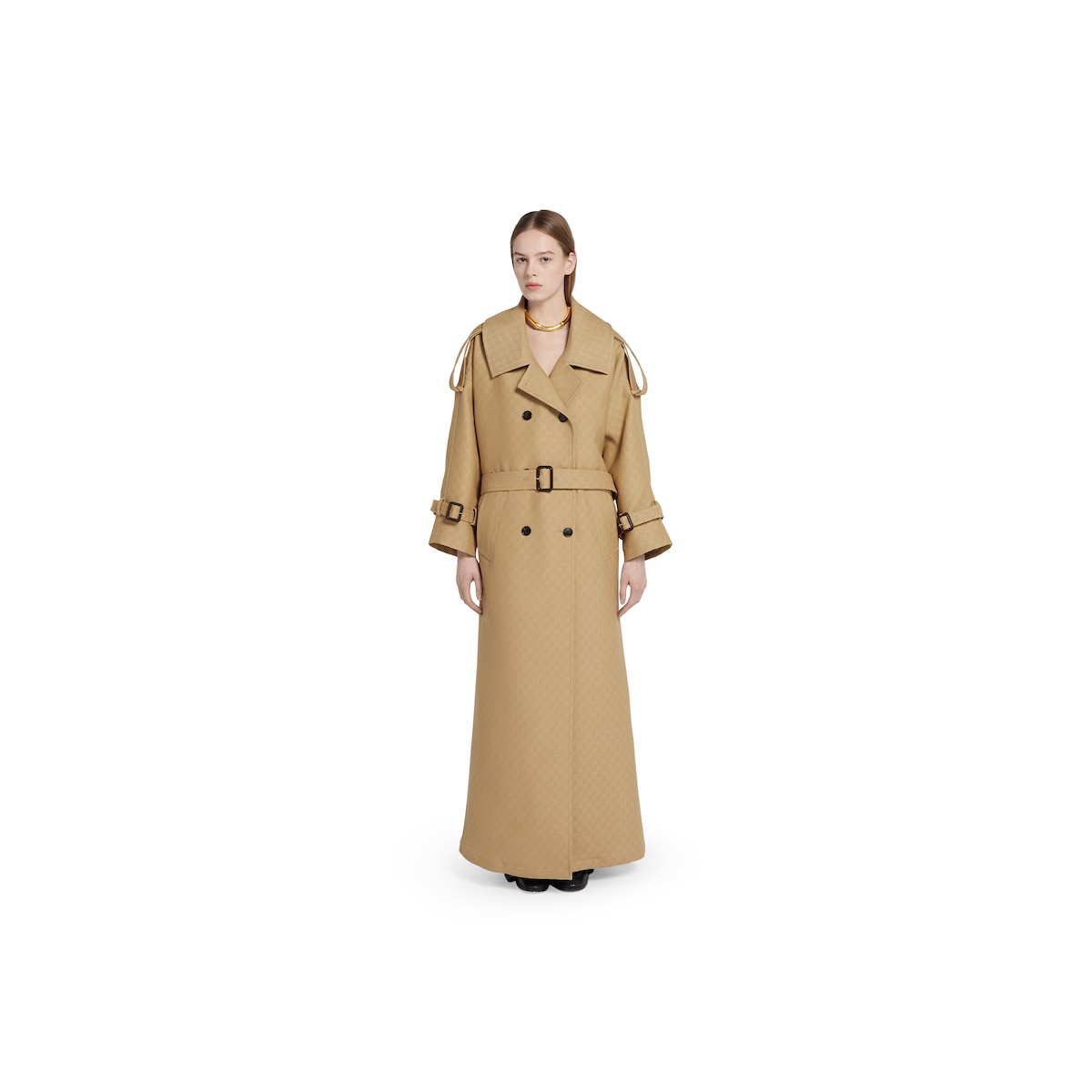 Cappotto doppiopetto in crêpe di seta e lana GG in beige | GUCCI® Italia