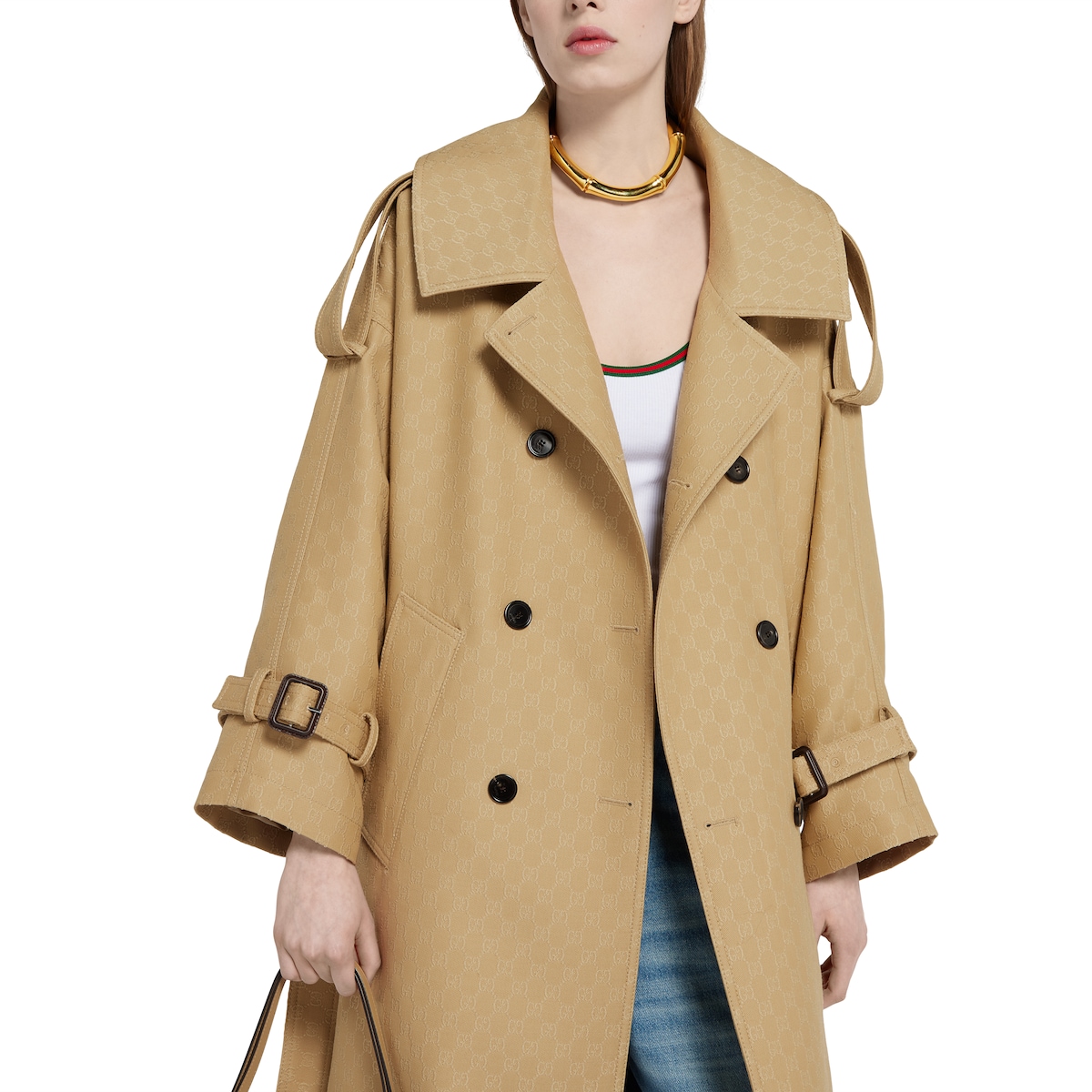 Cappotto doppiopetto in crêpe di seta e lana GG in beige | GUCCI® Italia