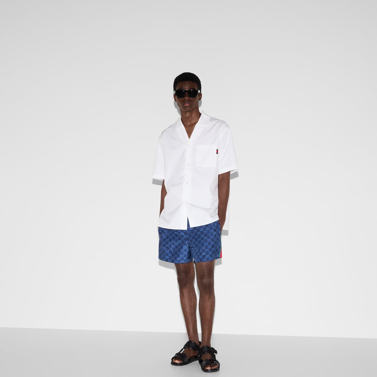 Printed poplin tech swim shorts in navy | GUCCI® US