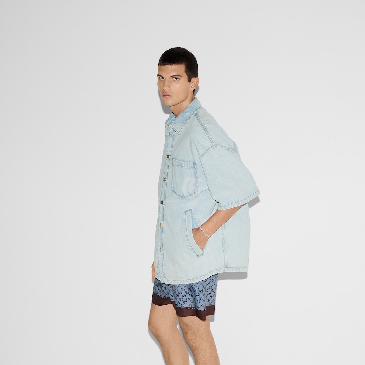 Lasered denim shirt in light blue | GUCCI® US