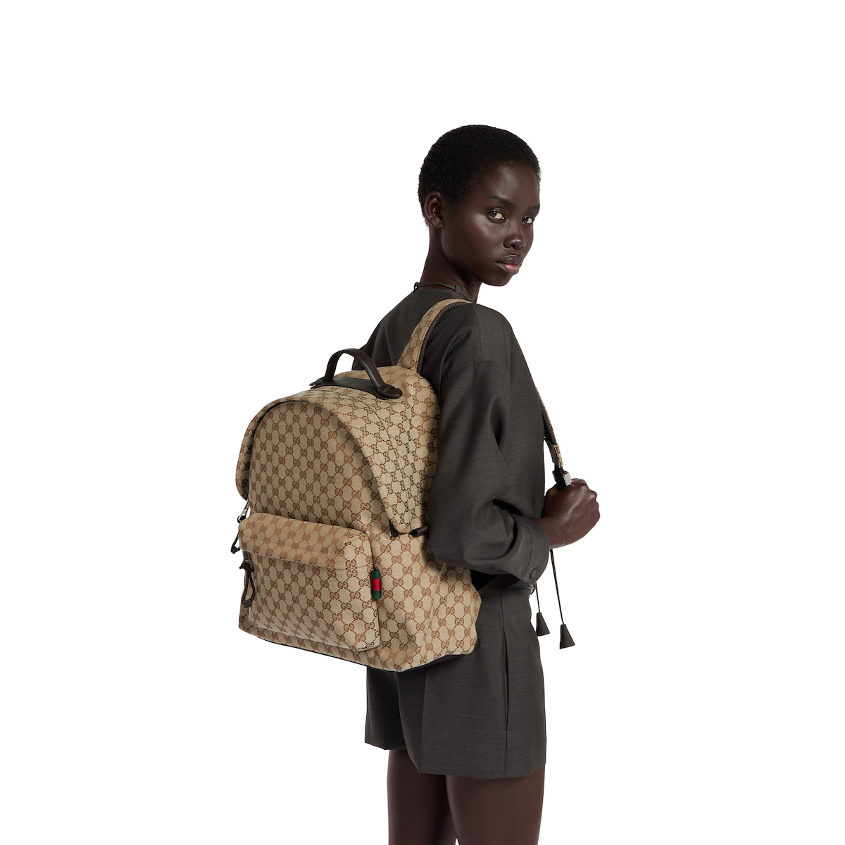Medium GG backpack with Web in beige and dark brown canvas | GUCCI® Canada