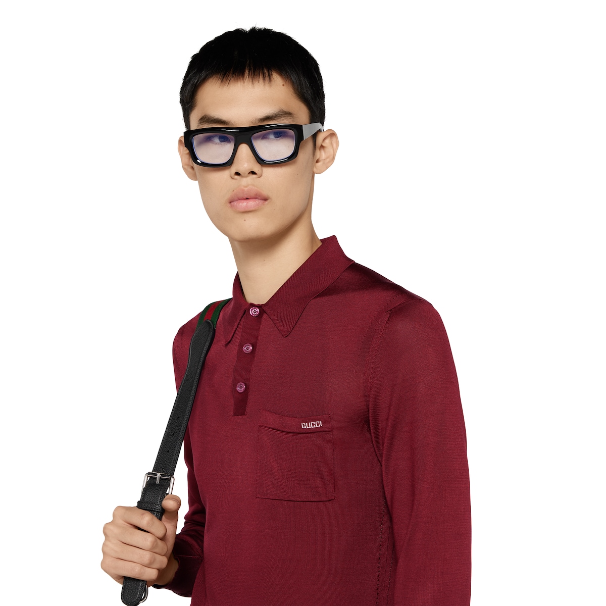 Fine silk polo top in bordeaux | GUCCI® US