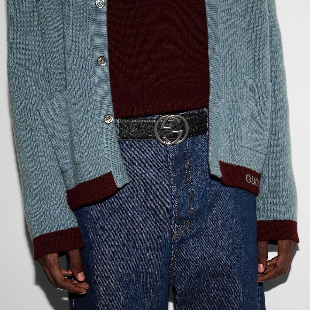 Belt with Interlocking G buckle in black leather | GUCCI® US