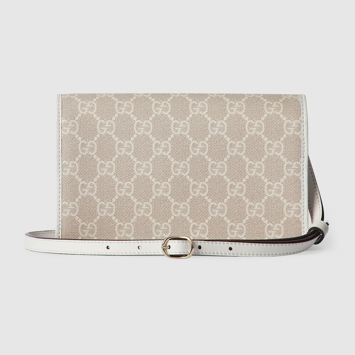 GG Emblem wallet with leather strap in beige and white fabric | GUCCI® US