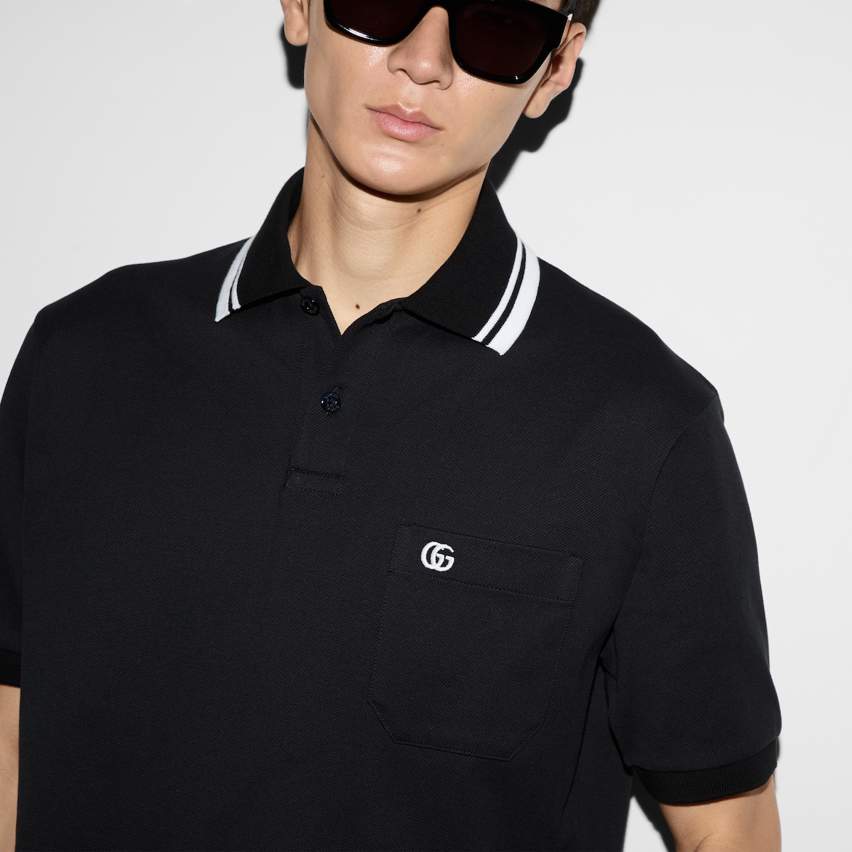 Cotton polo shirt with embroidery in navy | GUCCI® US