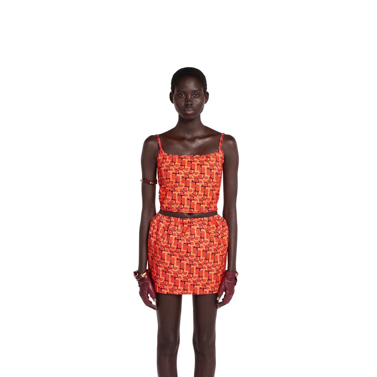 Printed cotton top in orange and Rosso Ancora red | GUCCI® US