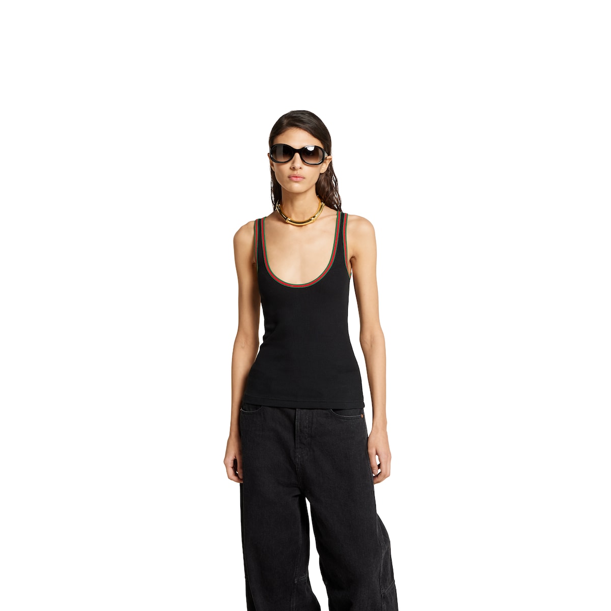 Cotton rib tank top with Web in black | GUCCI® US