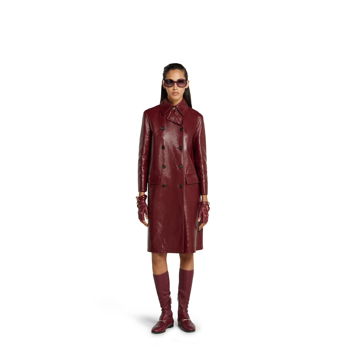 Shiny leather double-breasted coat in Rosso Ancora red | GUCCI® US