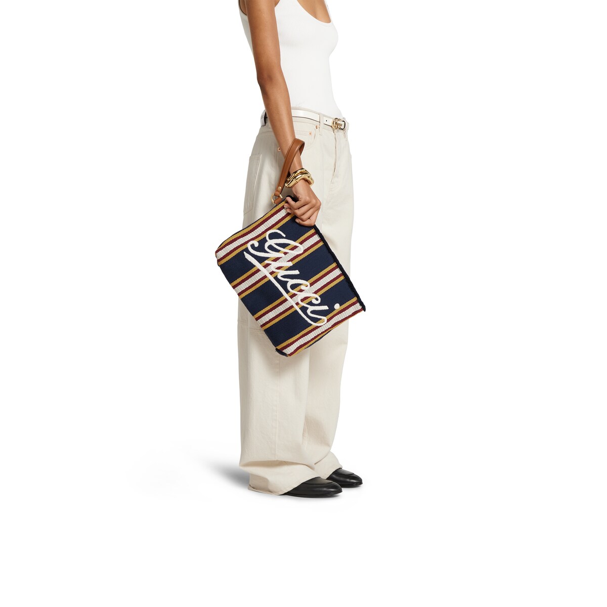 Embroidered large canvas pouch in dark blue and multicolor canvas ...