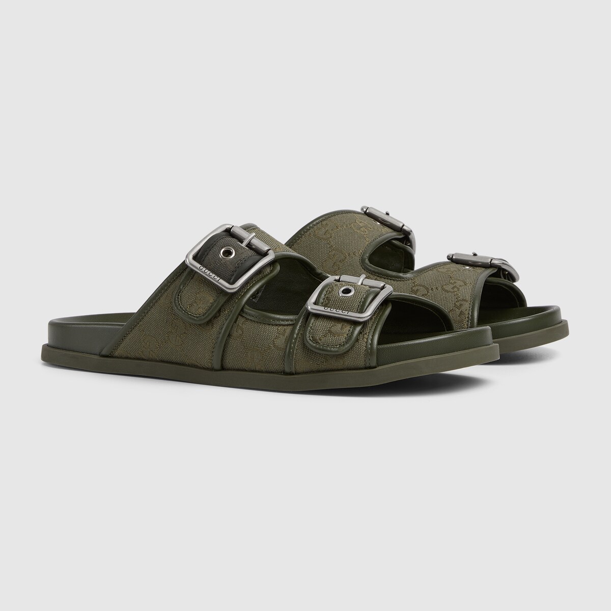 Men's slide sandal with buckles in dark green GG canvas | GUCCI® Canada