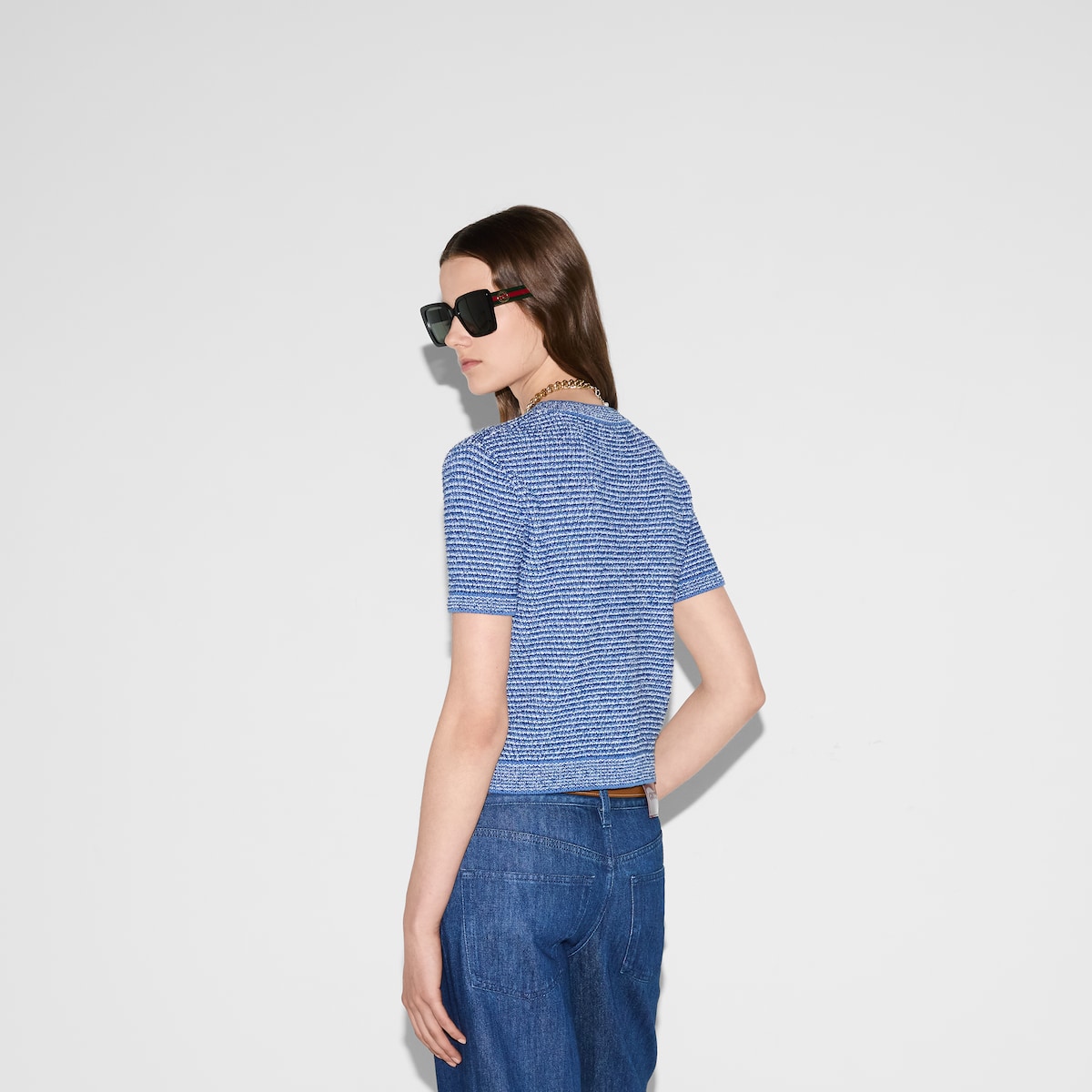 Maglia girocollo in cotone fine in celeste | GUCCI® IT