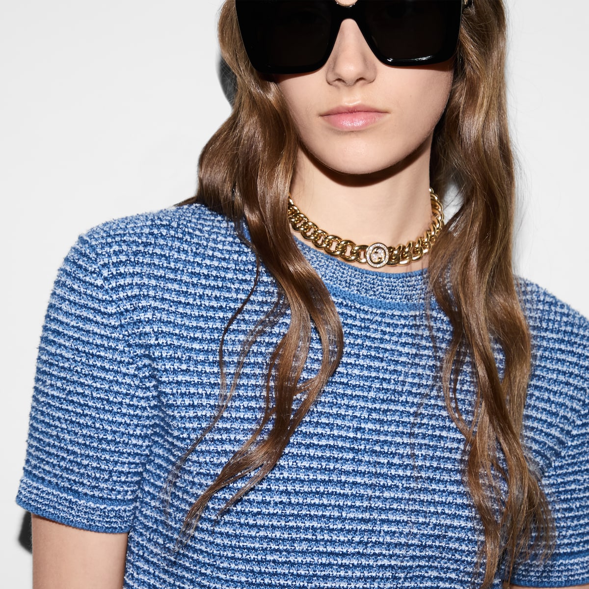 Maglia girocollo in cotone fine in celeste | GUCCI® IT