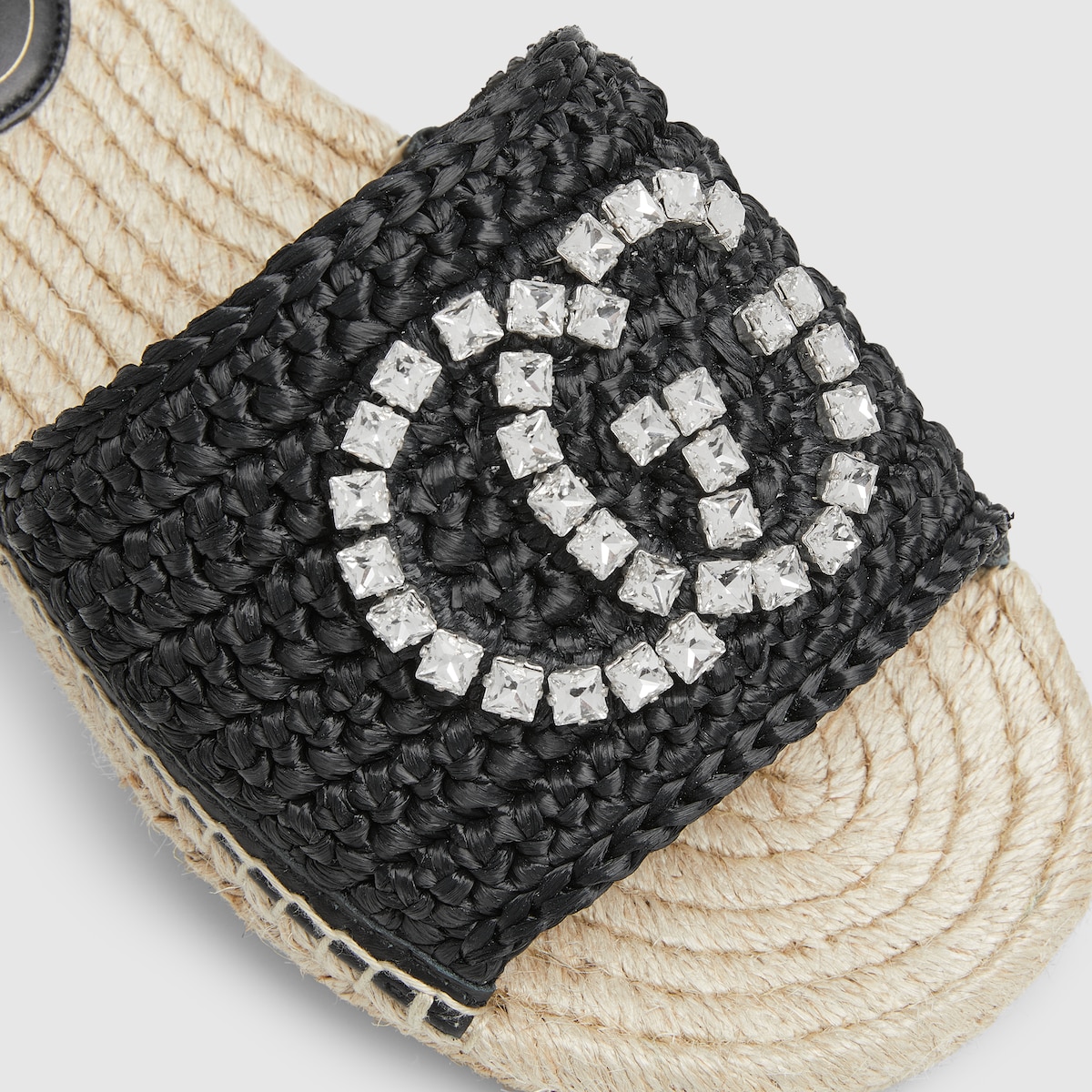 Women's espadrille with crystal Interlocking G in black crochet raffia ...