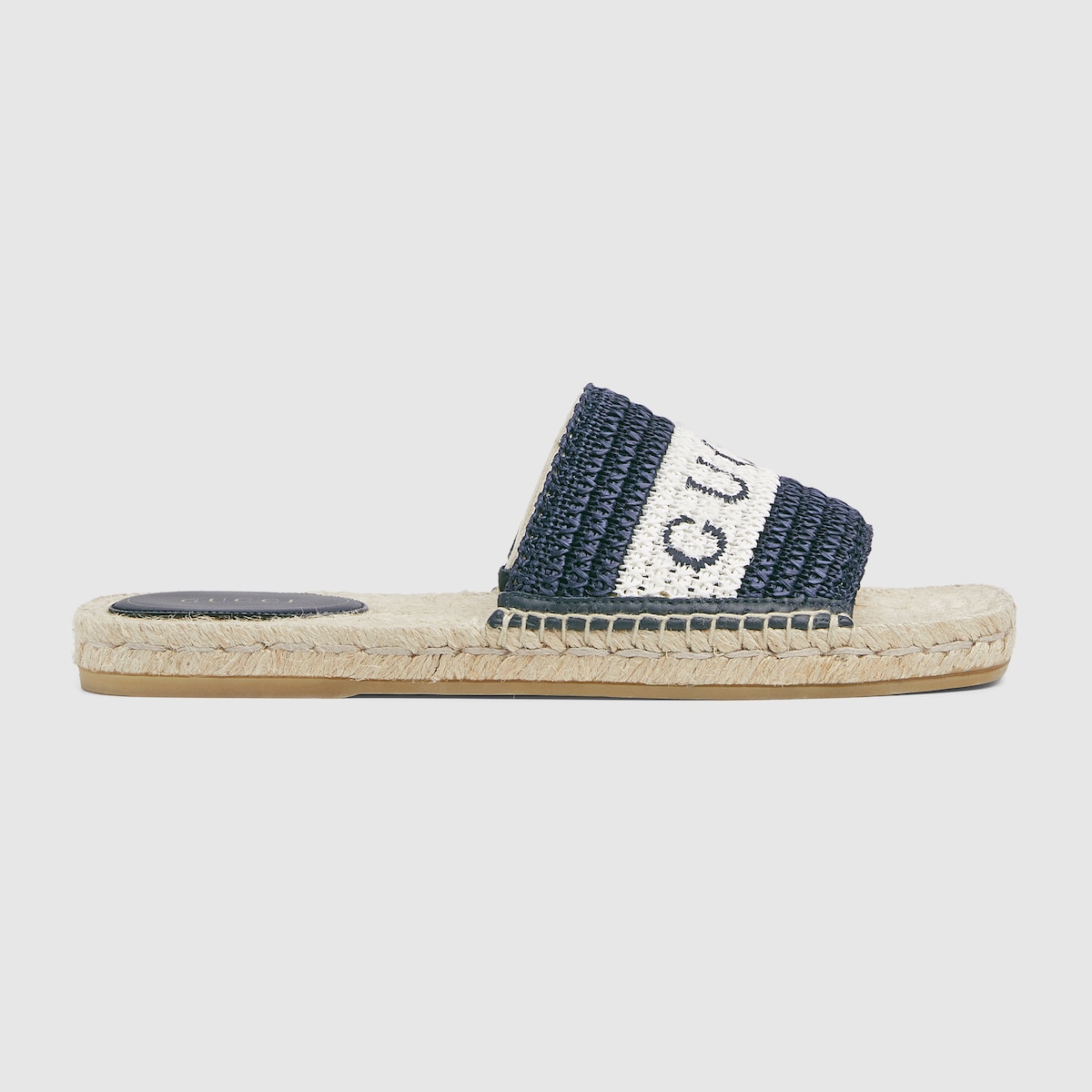 Women's slide sandal in blue and white crochet raffia | GUCCI® US