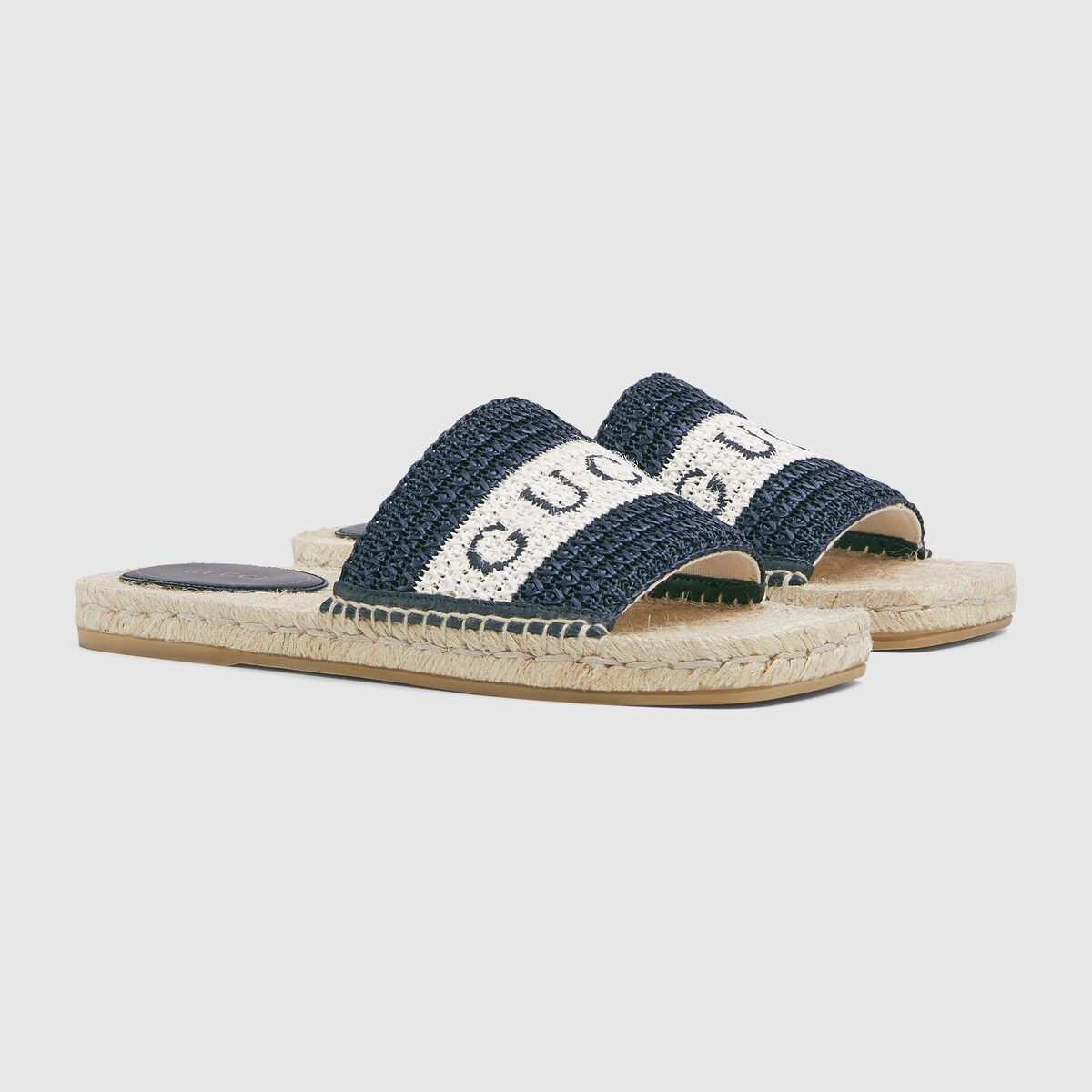 Women's slide sandal in blue and white crochet raffia | GUCCI® US