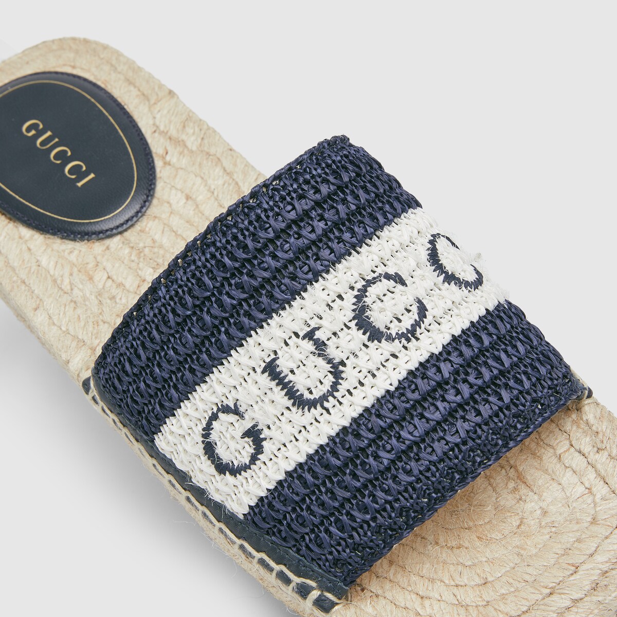 Women's slide sandal in blue and white crochet raffia | GUCCI® US