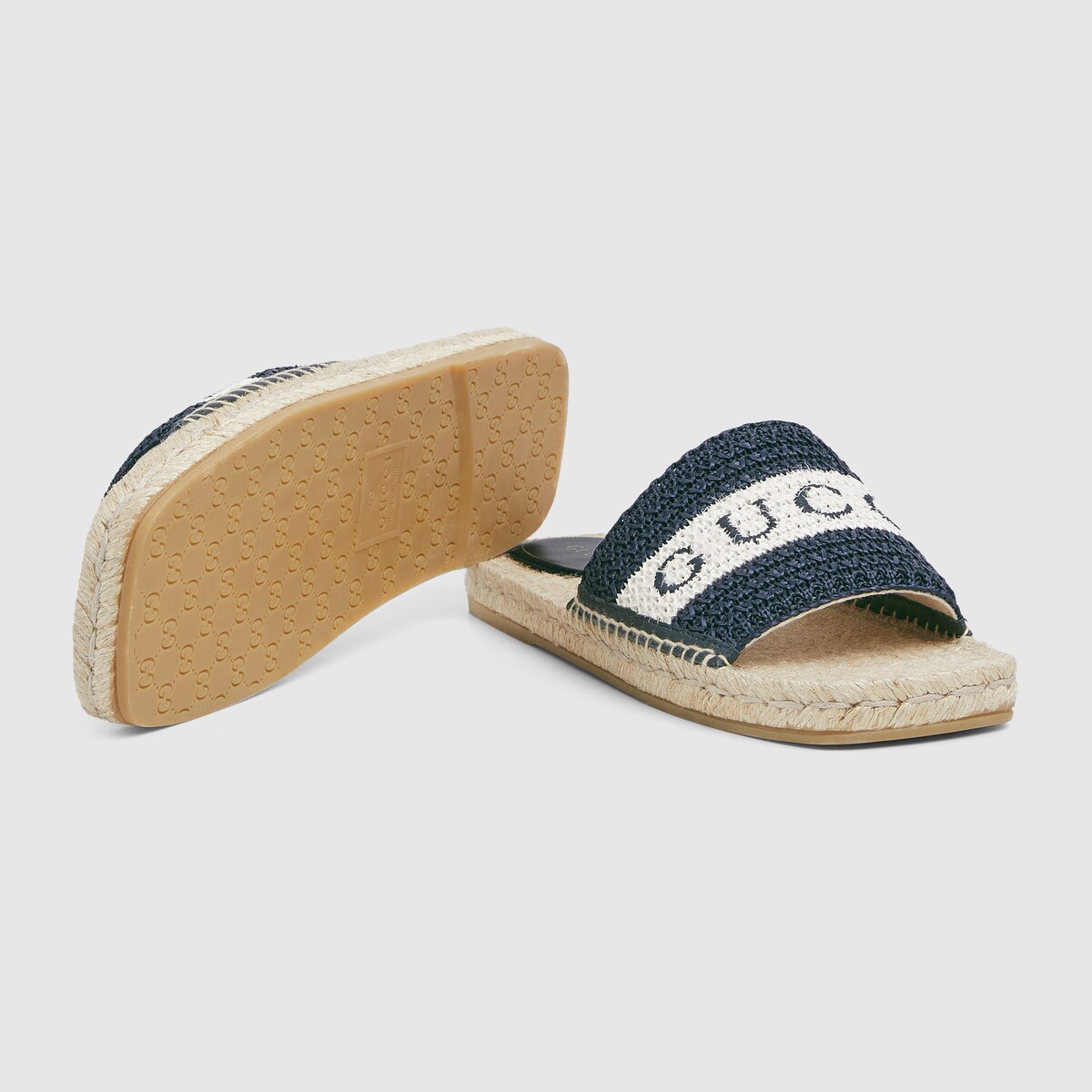 Women's slide sandal in blue and white crochet raffia | GUCCI® US