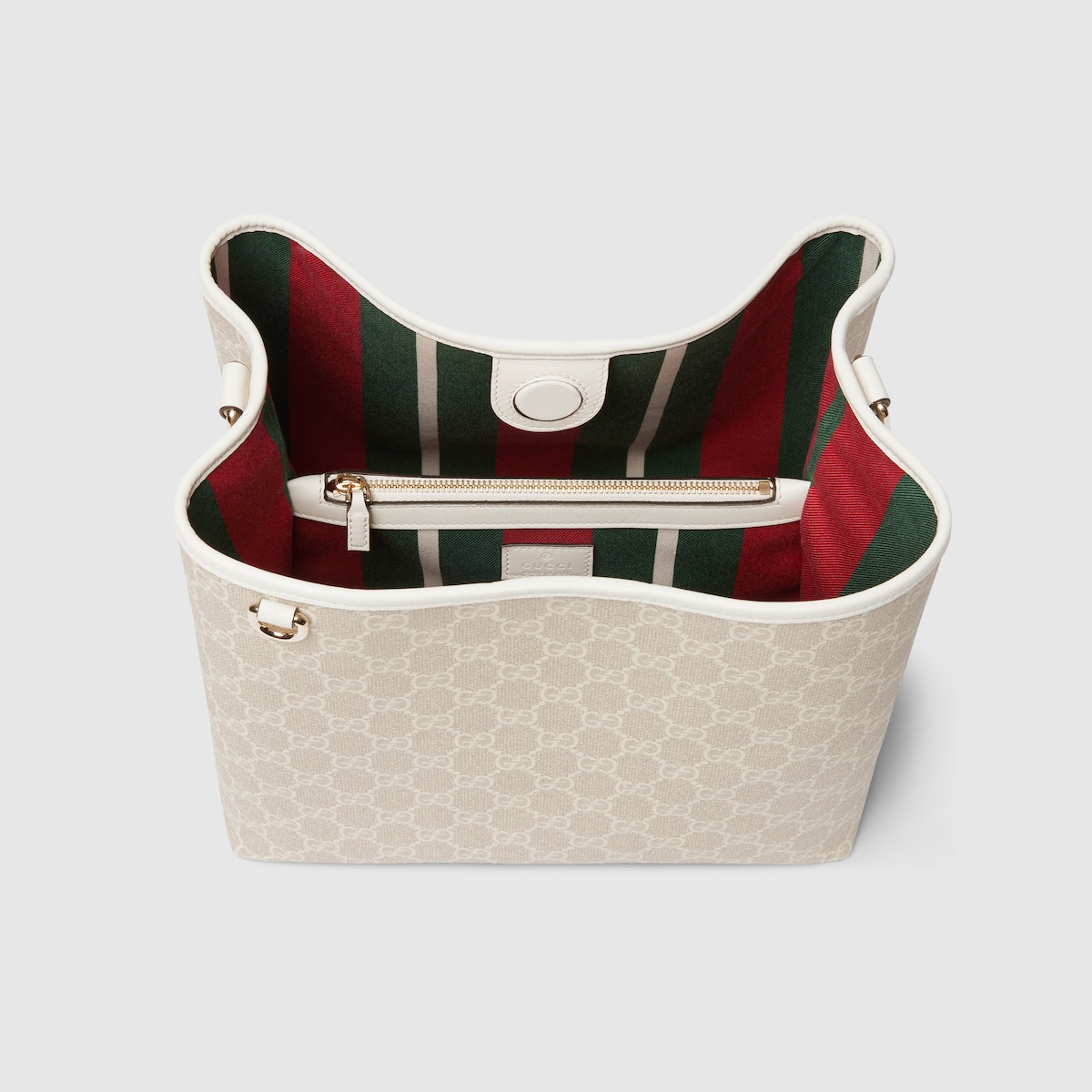 GG Emblem medium bucket bag in beige and white fabric | GUCCI® US