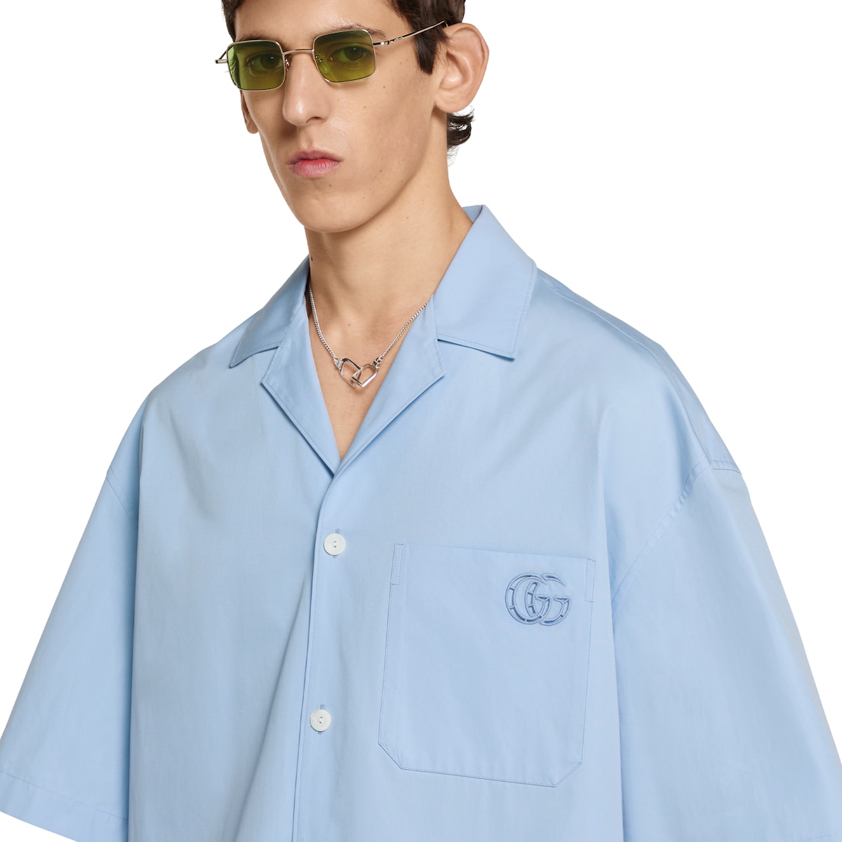 Cotton poplin shirt with embroidery in light blue | GUCCI® UK