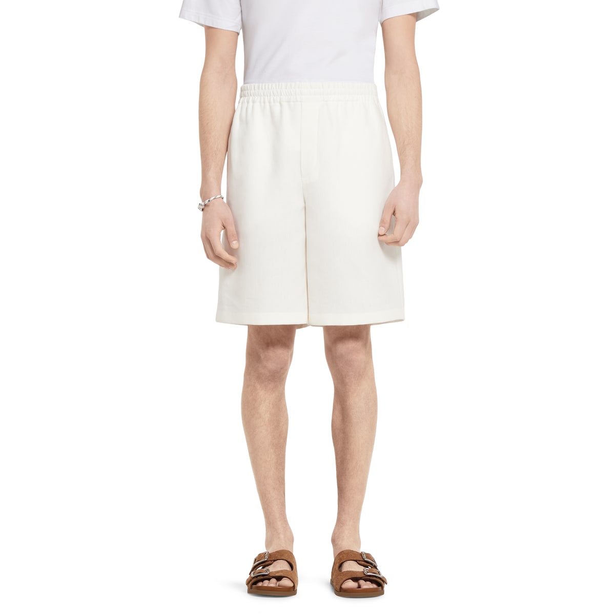 Linen shorts with embossed logo in white | GUCCI® US