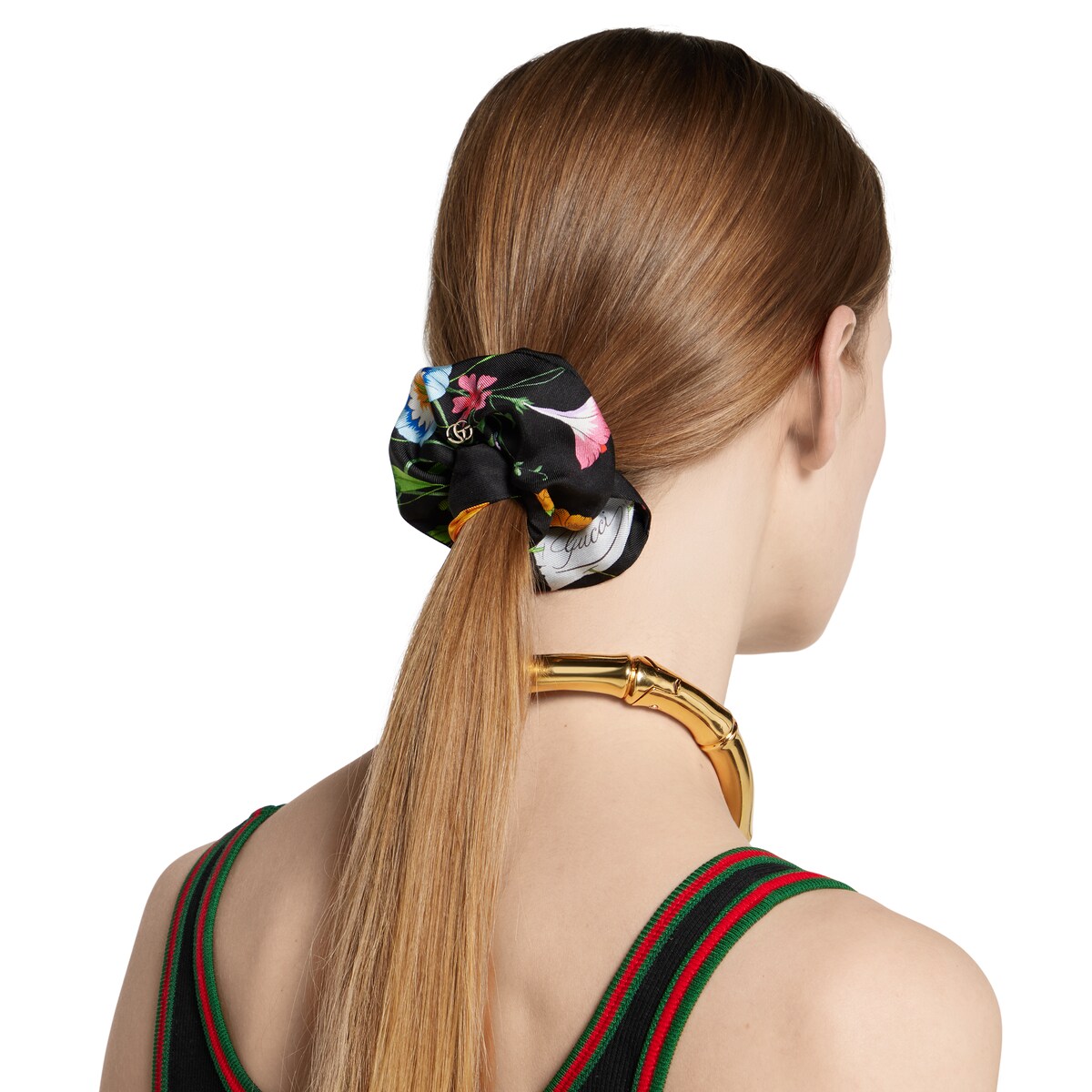Printed silk twill scrunchie in black and multicolour | GUCCI® US