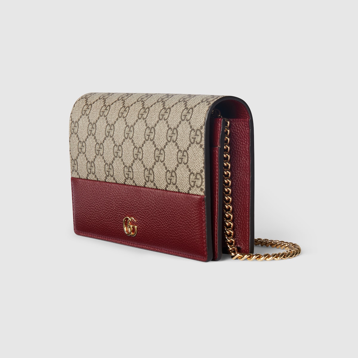 GG Marmont系列双色链带钱包 in米色和古驰安可拉红皮革 | GUCCI® FR