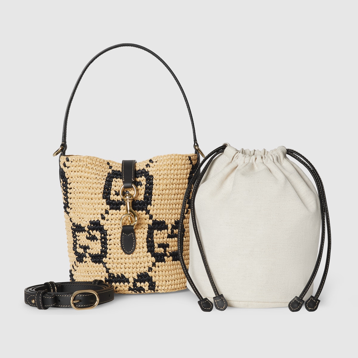 Raffia-effect mini bucket bag in natural and black fabric | GUCCI ...
