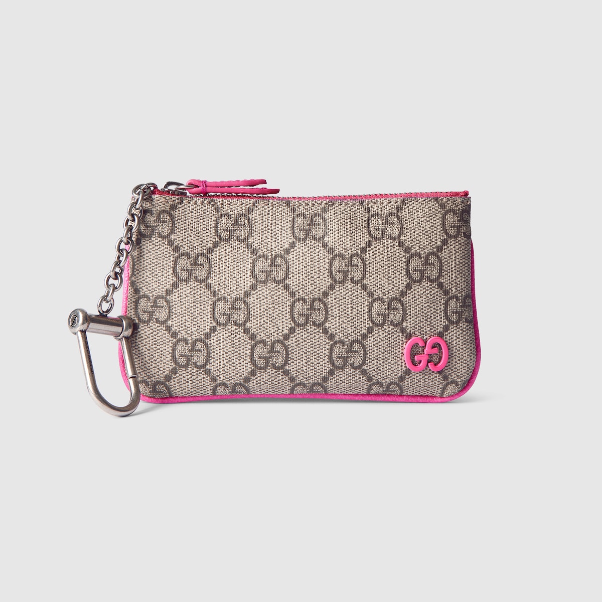 Bright pink trim key pouch in beige and dark brown Supreme | GUCCI® US