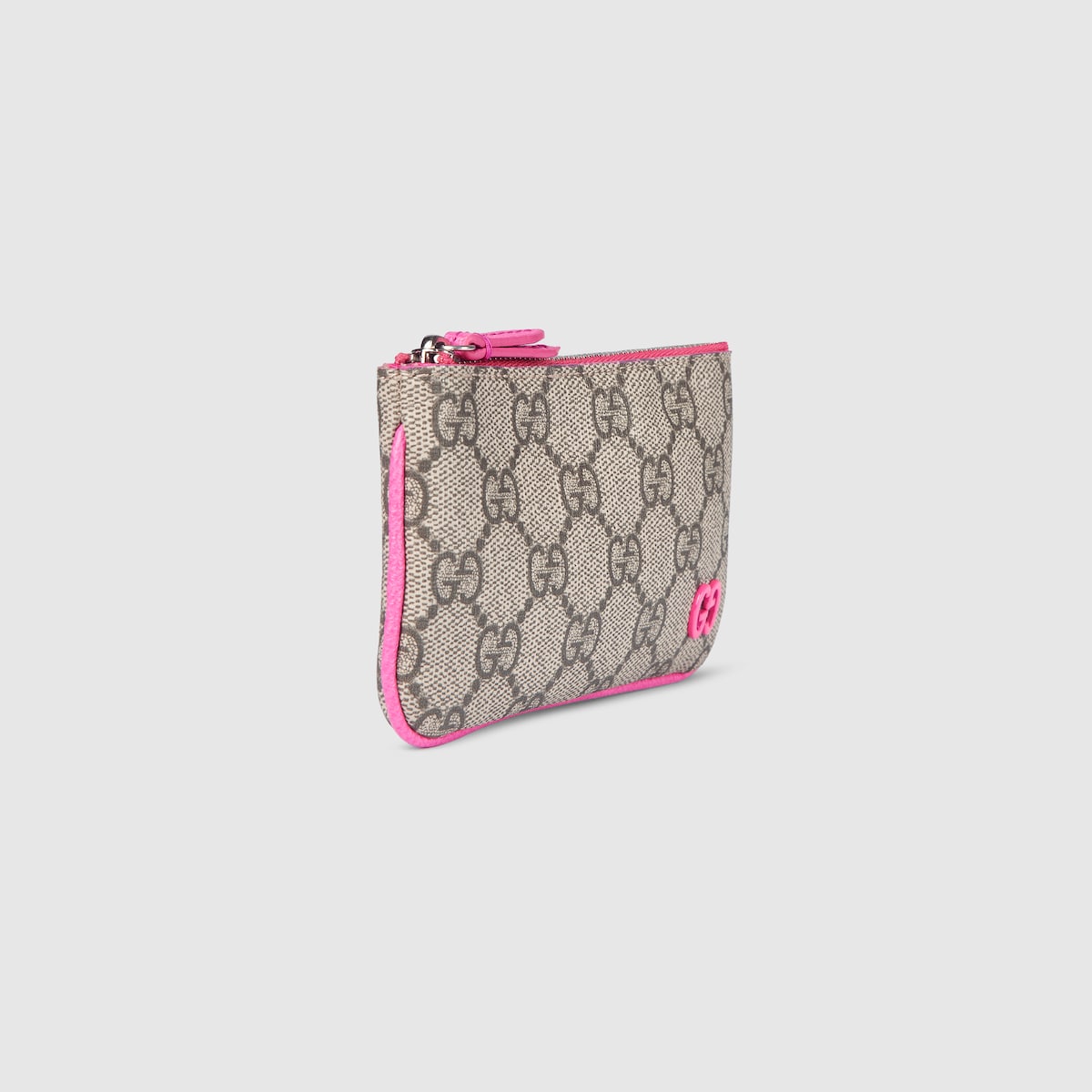 Bright pink trim key pouch in beige and dark brown Supreme | GUCCI® US