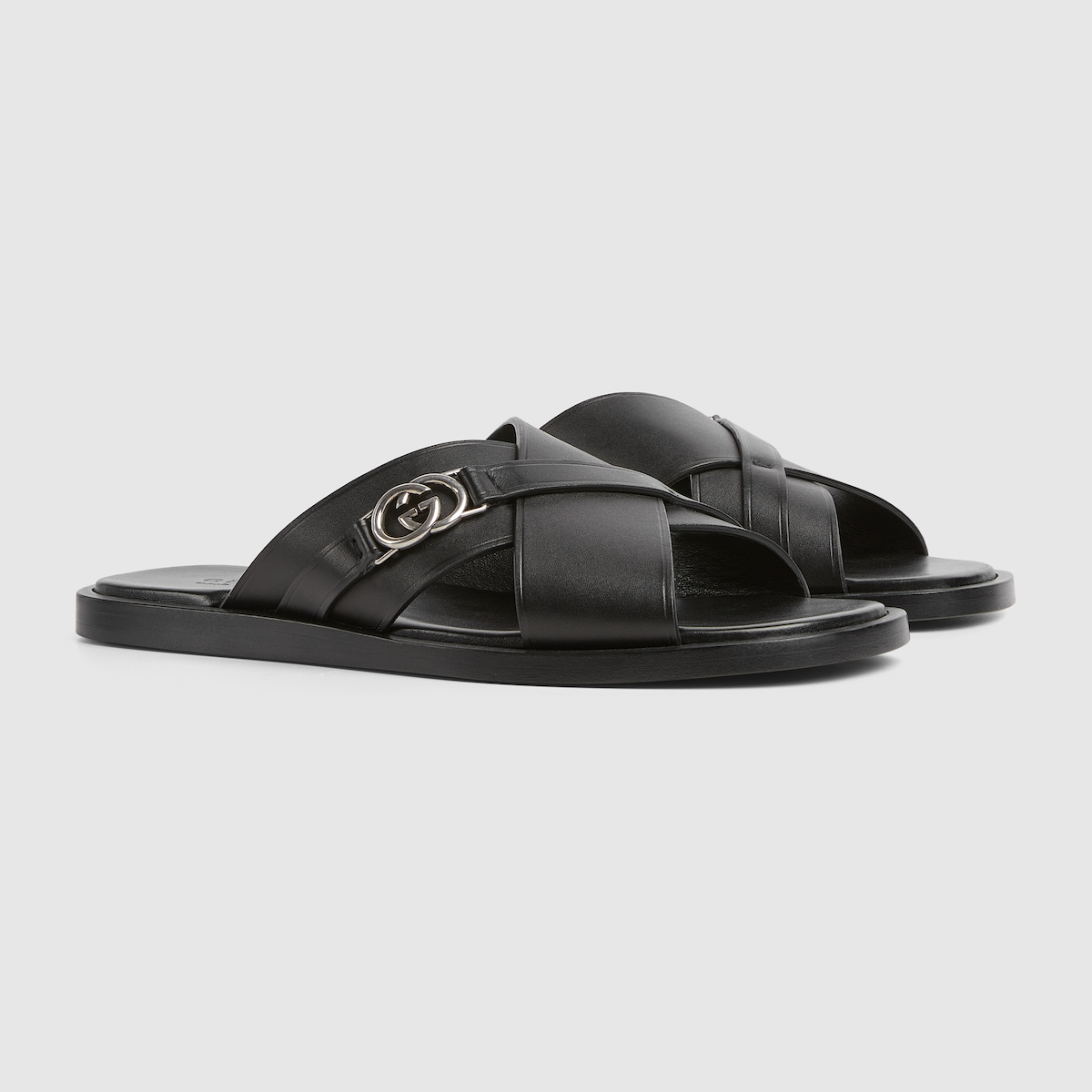 Men's slide sandal with Interlocking G in black leather | GUCCI® UK
