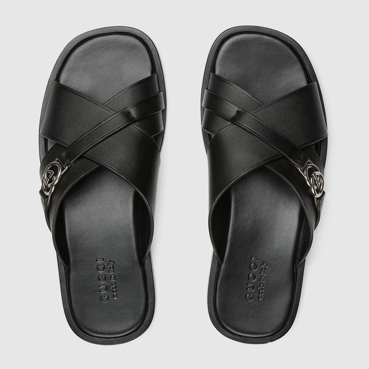 Men's slide sandal with Interlocking G in black leather | GUCCI® UK