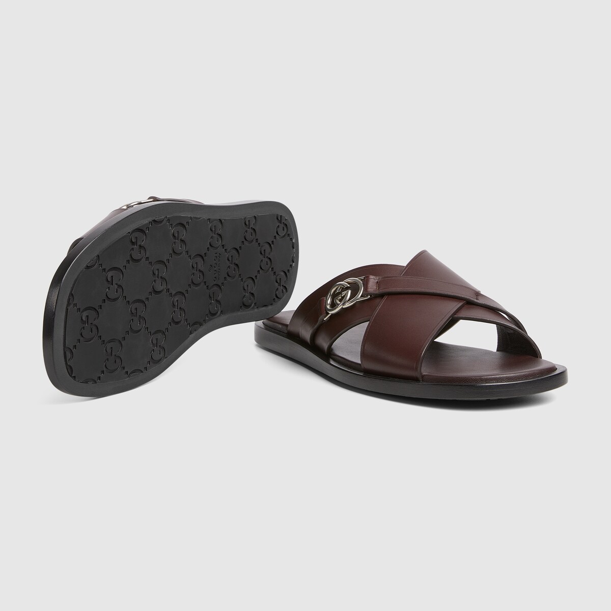 Men's slide sandal with Interlocking G in dark brown leather | GUCCI® UK