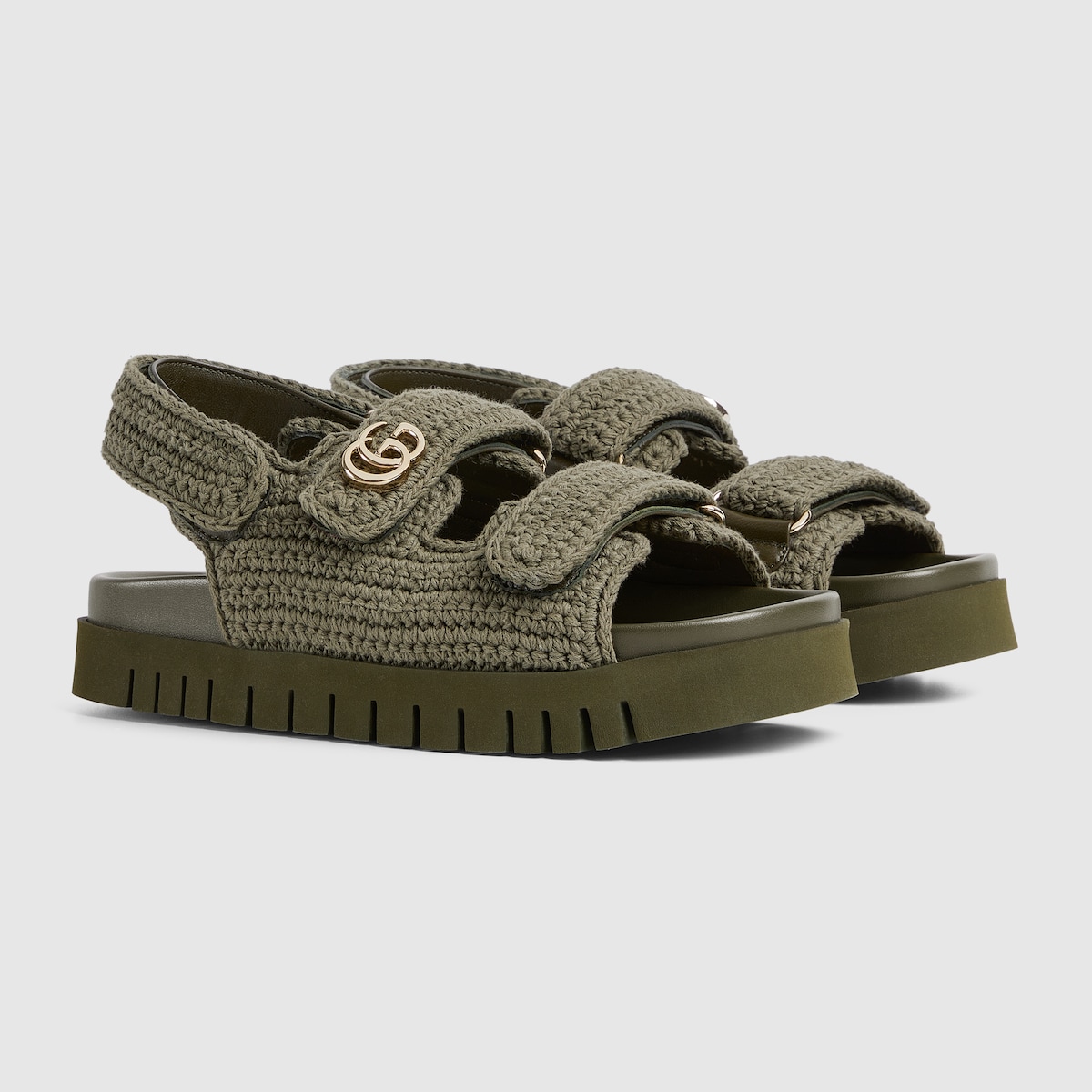 Women's sandal with Double G in dark green cotton crochet | GUCCI® US