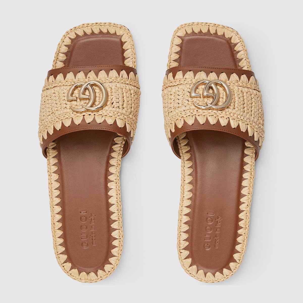 Women's slide sandal with Double G in natural raffia crochet | GUCCI® US