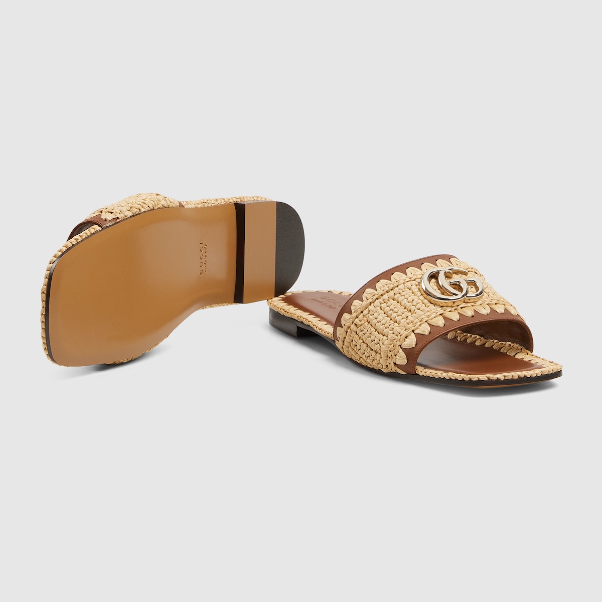 Women's slide sandal with Double G in natural raffia crochet | GUCCI® CA