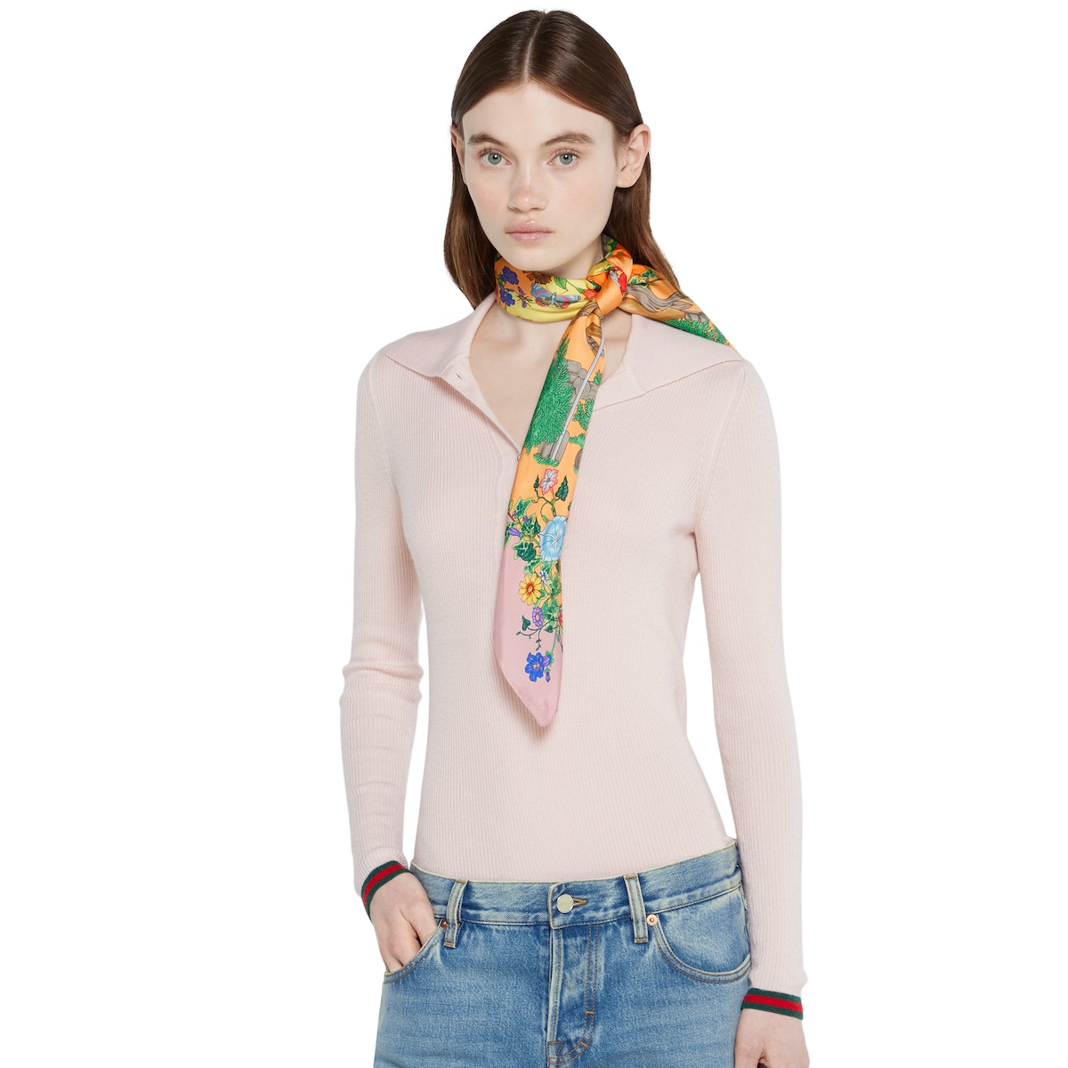 Printed silk carré in pink and multicolor | GUCCI® US