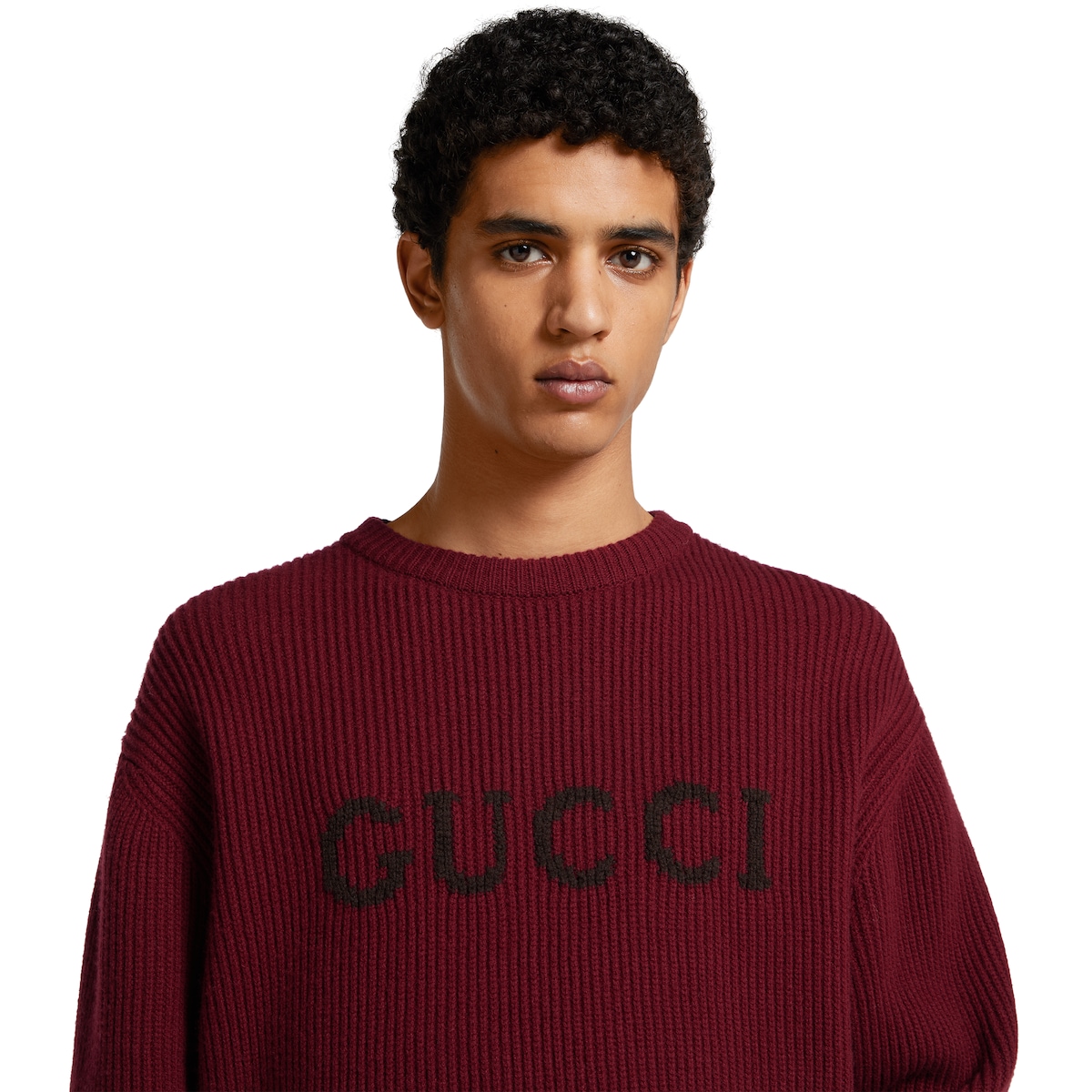 Wool cashmere rib knit sweater in Rosso Ancora and brown | GUCCI® UK