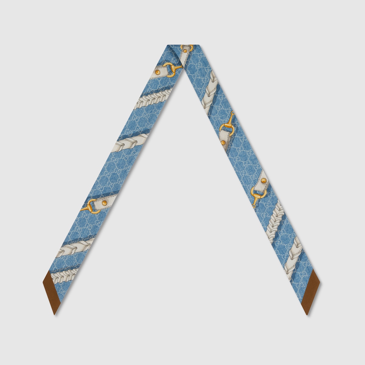 Printed GG silk twill neck bow in light blue and light brown | GUCCI® NZ